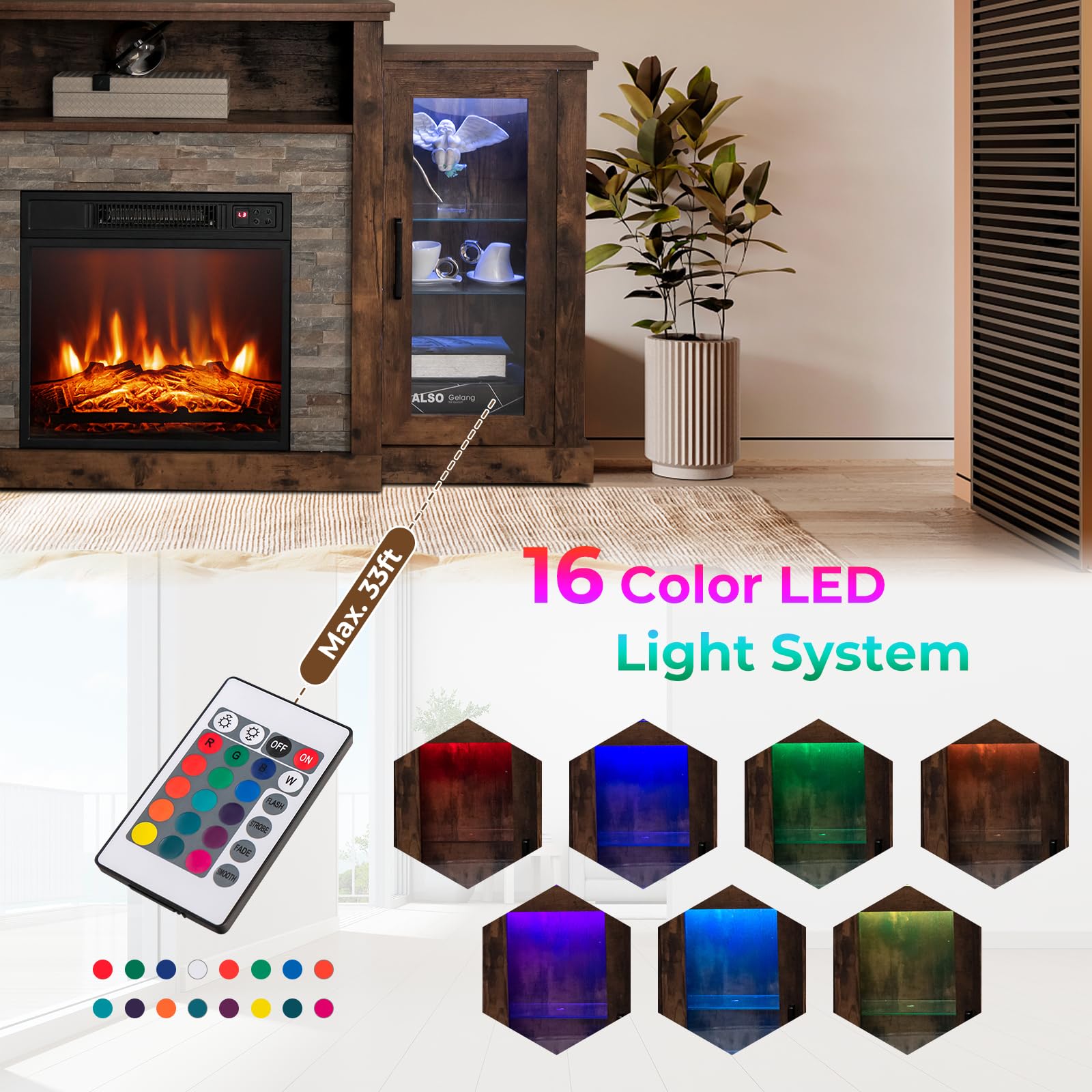 COSTWAY Electric Fireplace TV Stand for TVs Up to 65 Inches, 18-inch Fireplace Insert with APP Control, Remote Control, 16 Color Lights, Wooden Entertainment Center with Adjustable Shelves, Brown