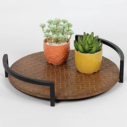 Farmhouse Round Decorative Tray,Wood Serving Tray with Metal Handles, Rustic Ottoman Coffee Table Accent Tray, Centerpieces for Table (Natural Brown)
