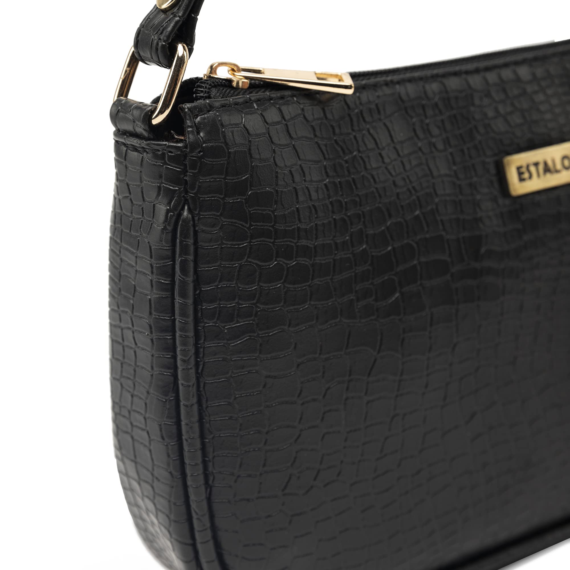 ESTALON Women Textured PU Structured Shoulder Bag (Black)