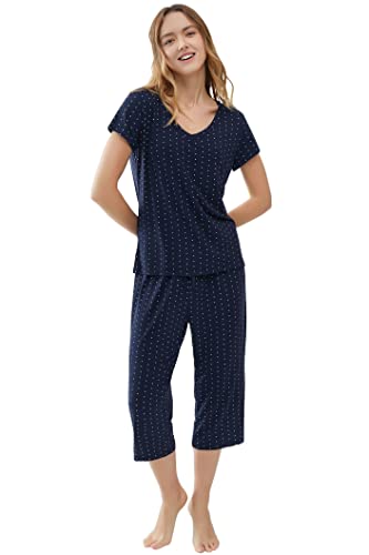 Joyaria Womens Capri Bamboo Pajamas Capri Pjs Set Night Sweats Short Sleeve Sleepwear Hot Flashes(Navy Polka Dot,XXL)