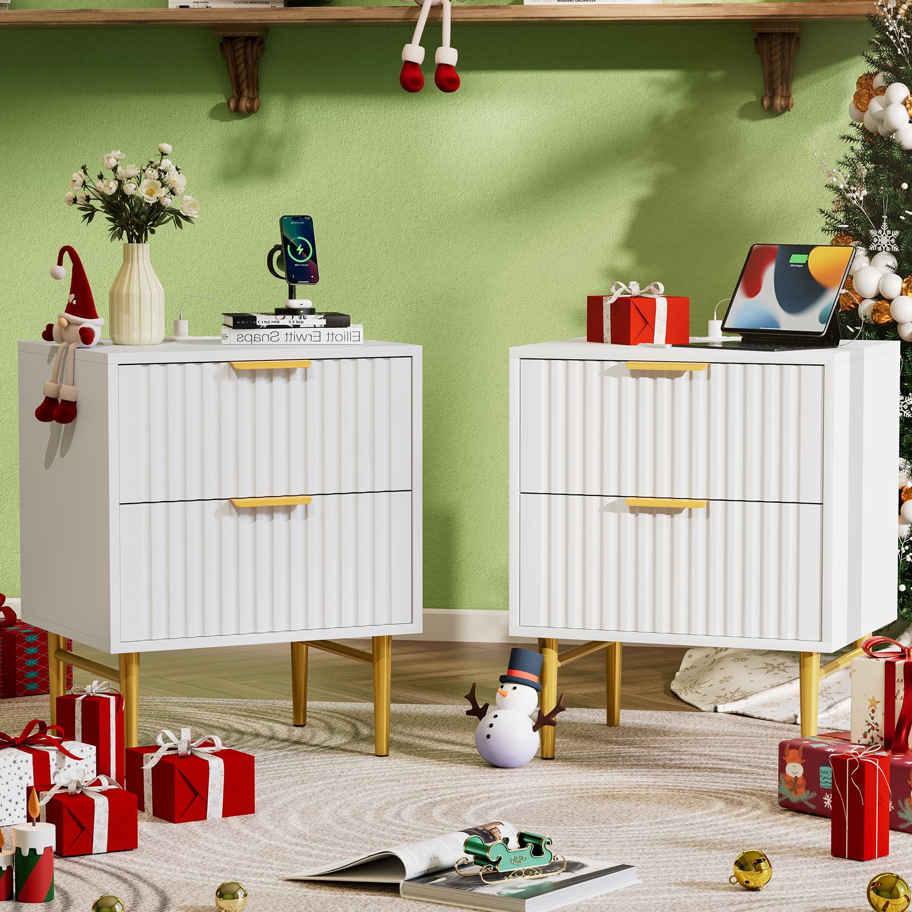 HQZX White Nightstand Set of 2 with Charging Station, Fluted Nightstand with Drawers, Modern Bedside Table with Gold Legs, End Table for Bedroom