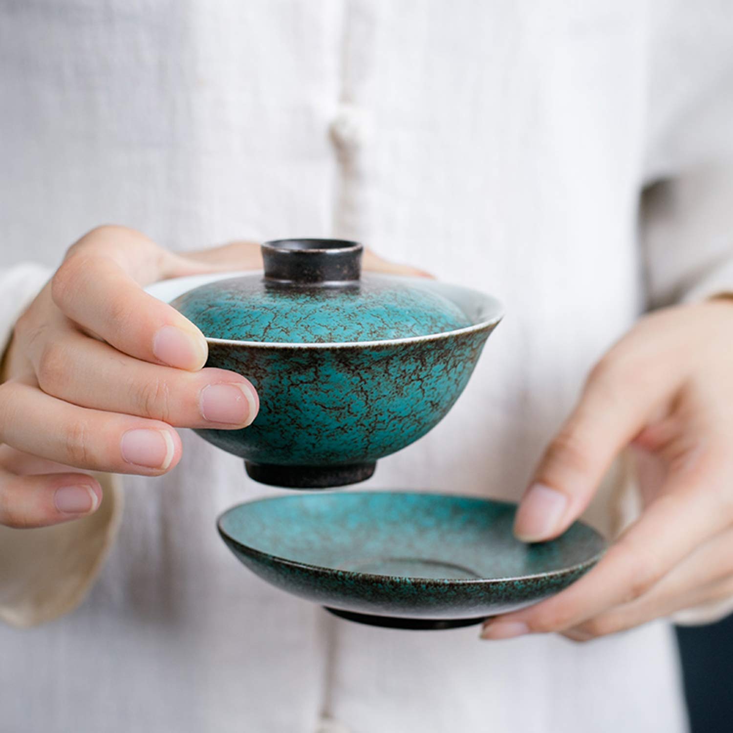 DehuaYao Chinese Traditional Green Porcelain Gaiwan ceramic Tea Cup(Tea Cup Comprised of Cup, Saucer and Lid )