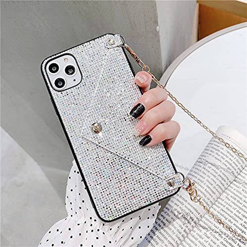 Wow Case Series Compatible with iPhone 13 Pro Max Case 6.7 Inch Released 2021, with Card Holder, Crossbody Chain, Shockproof Protective Bumpers Phone Cover Defender (Glitter Shining White Silver)