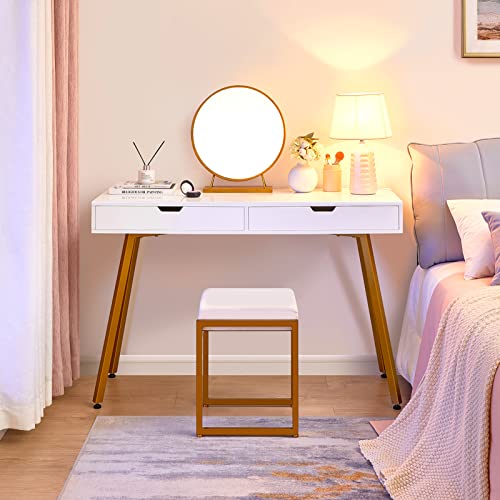 GreenForest Vanity Desk with Glossy Desktop, 39 inch Makeup Desk with 2 Drawers Dressing Table for Girls Women Bedroom Modern White Writing Computer Laptop Desk for Home Office, Gold