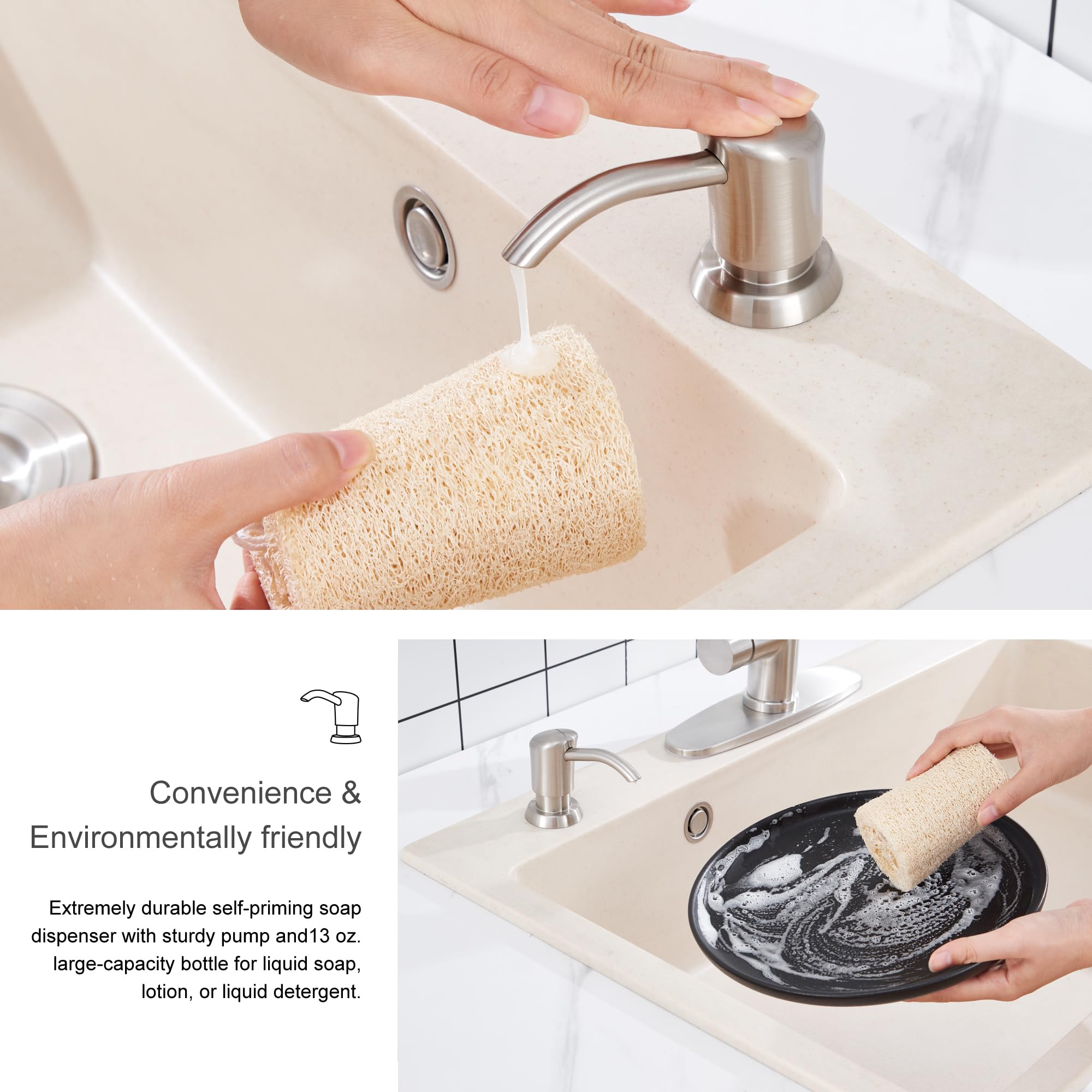 GAGALIFE Built in Sink Soap Dispenser or Lotion Dispenser for Kitchen Sink, Brushed Nickel ABS Pump Head, with 13 Ounce Large PET Soap Bottle