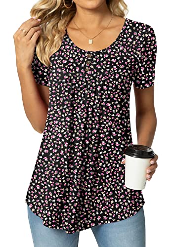 Netsmile Womens Summer Casual Short Sleeve Shirt for Leggings Pleated Button Up Tunic Top Loose Blouse, 2XL, Little Flower Black