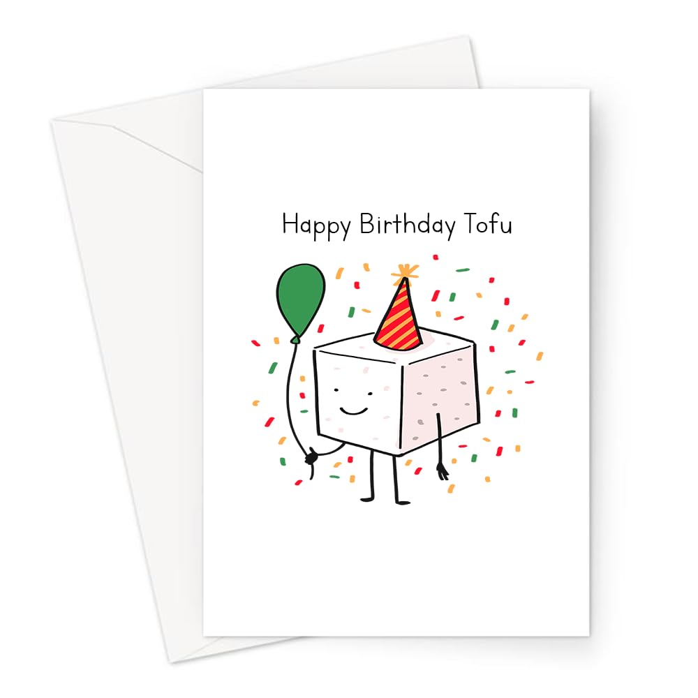 LEMON LOCO Happy Birthday Tofu Greeting Card |Birthday Card For Vegan, Silly Food Pun Birthday Card, Hand Illustrated Tofu In A Party Hat Birthday Card