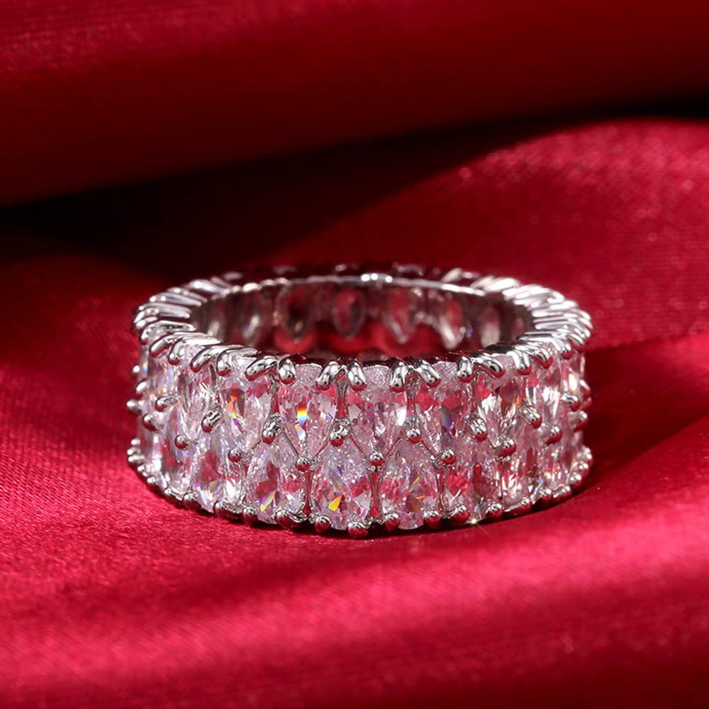 Cuteshop 925 Sterling Silver 9mm Full Shiny Perfect Pear Cut Double Row Teardrop Cubic Zirconia Crystal Diamond Wedding Ring Band for Women (6)