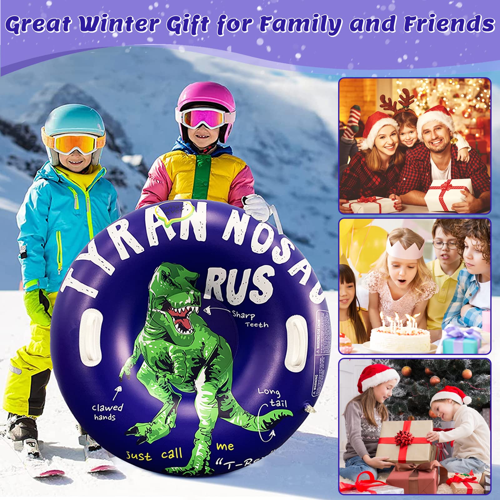 Dinosaur Snow Tube Inflatable Snow Sled with Handles for Skating Winter Outdoor Fun for Kids