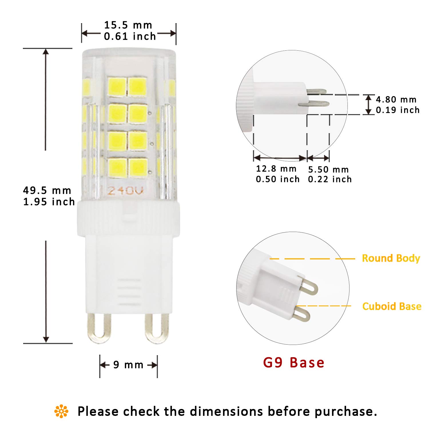 CliCli 6-Pack G9 LED Light Bulb 4.5W (45W G9 Halogen Equivalent), 100-240V 450LM G9 Daylight White 6000K LED Lamp, Non-dimmable G9 Bi-pin Ceramic Base, for Under Counter Chandelier Ceiling Lighting