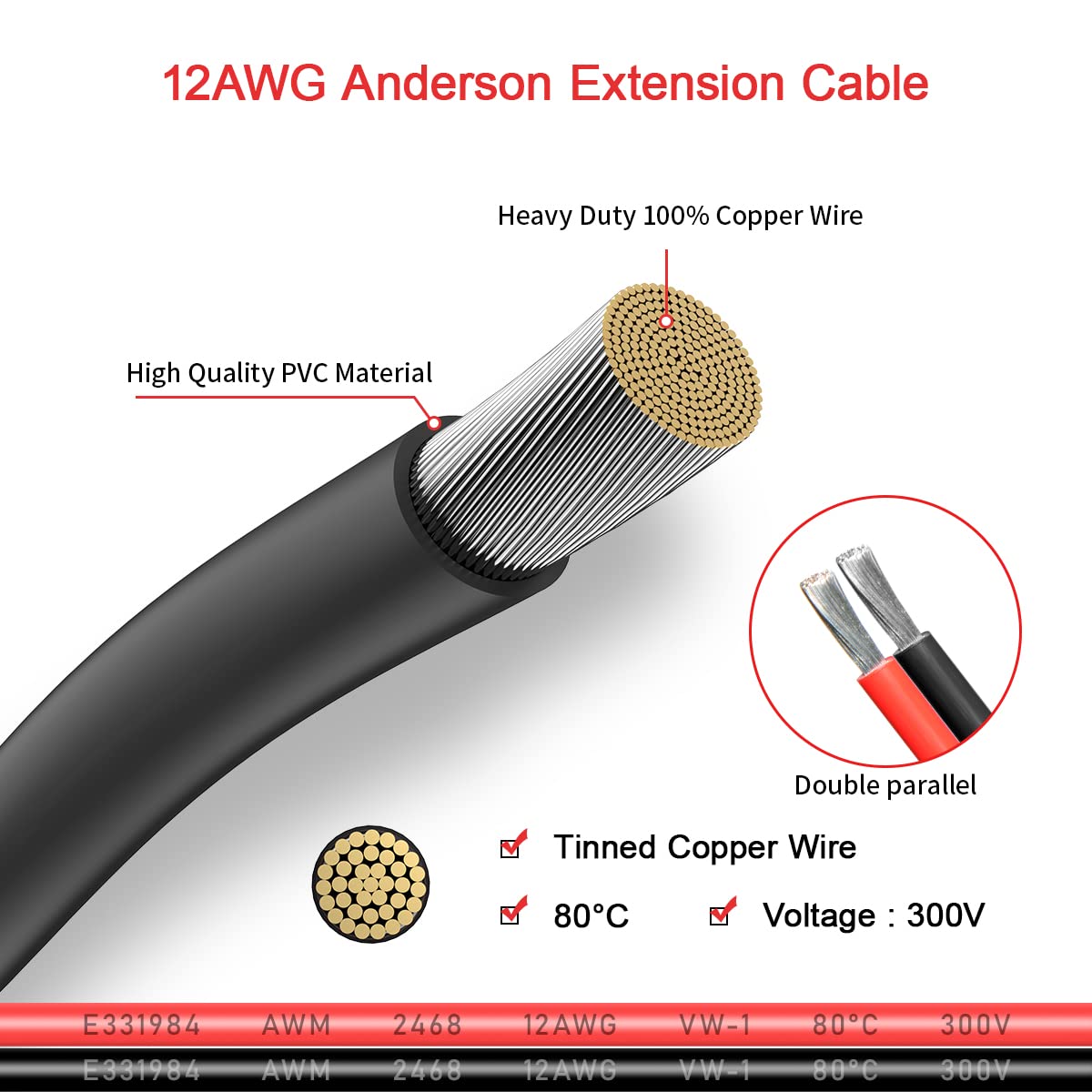 ELFCULB 12AWG 10FT Anderson Extension Cable 2 6 10 20 35 50FT Solar Extension Cable Anderson Connector for Portable Power Station Solar Generator Solar Panel (10FT)