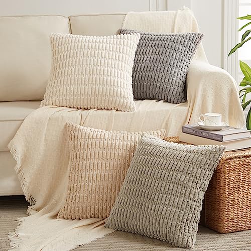 Fancy Homi 4 Packs Neutral Decorative Throw Pillow Covers 18x18 Inch for Living Room Couch Bed Sofa, Rustic Farmhouse Boho Neutral Home Decor, Soft Plush Striped Corduroy Square Cushion Case 45x45 cm
