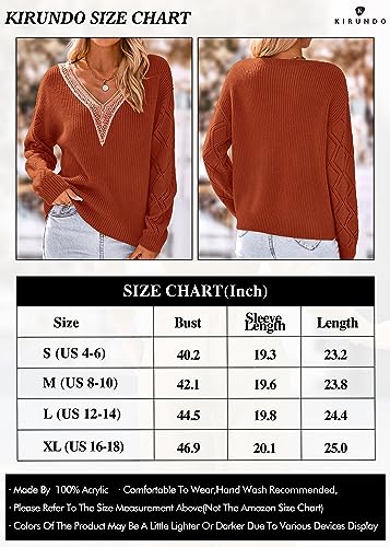 KIRUNDO Women’s 2023 Fall Casual Crochet Long Sleeve Lace V Neck Ribbed Knit Pullover Sweater Tops Rust Red