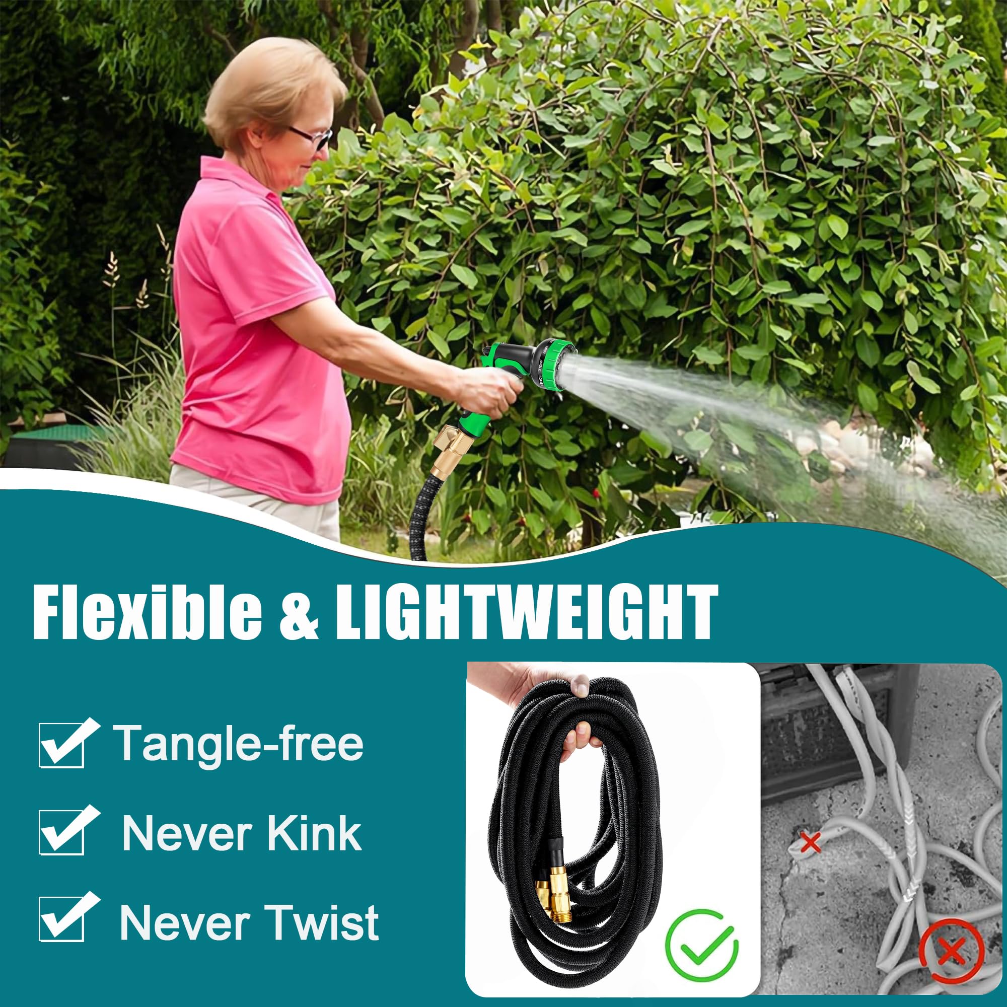 Expandable Garden Hose 75 ft with 10 Function Spray Nozzle - New Patented Water Hose with 40 Layers of Innovative Nano Rubber - Lightweight, Durable, Flexible, 75ft Retractable Stretch Hose (Black)