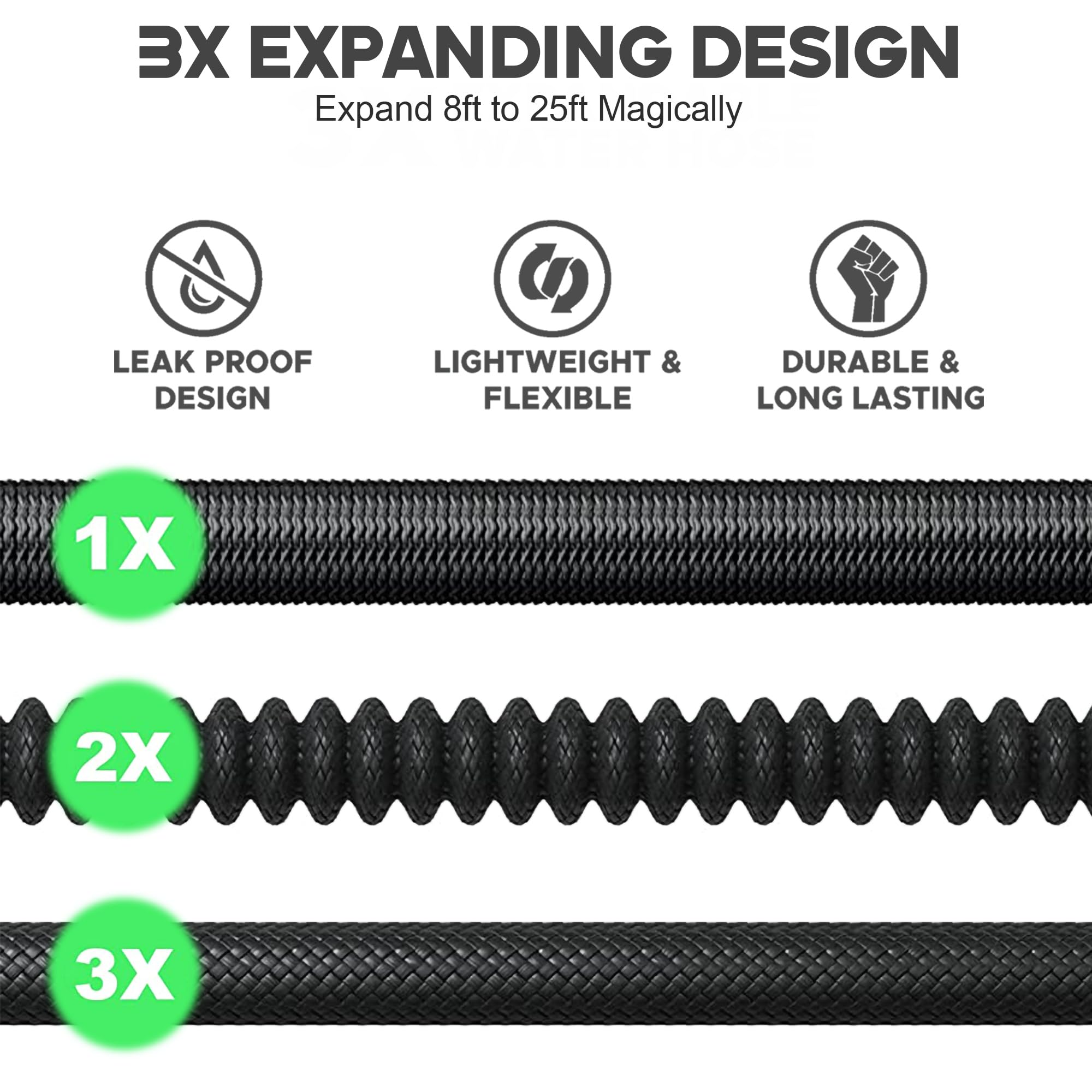 Expandable Garden Hose 25 ft with 10 Function Spray Nozzle - New Patented Water Hose with 40 Layers of Innovative Nano Rubber - Lightweight, Durable, Flexible, 25ft Retractable Stretch Hose (Black)