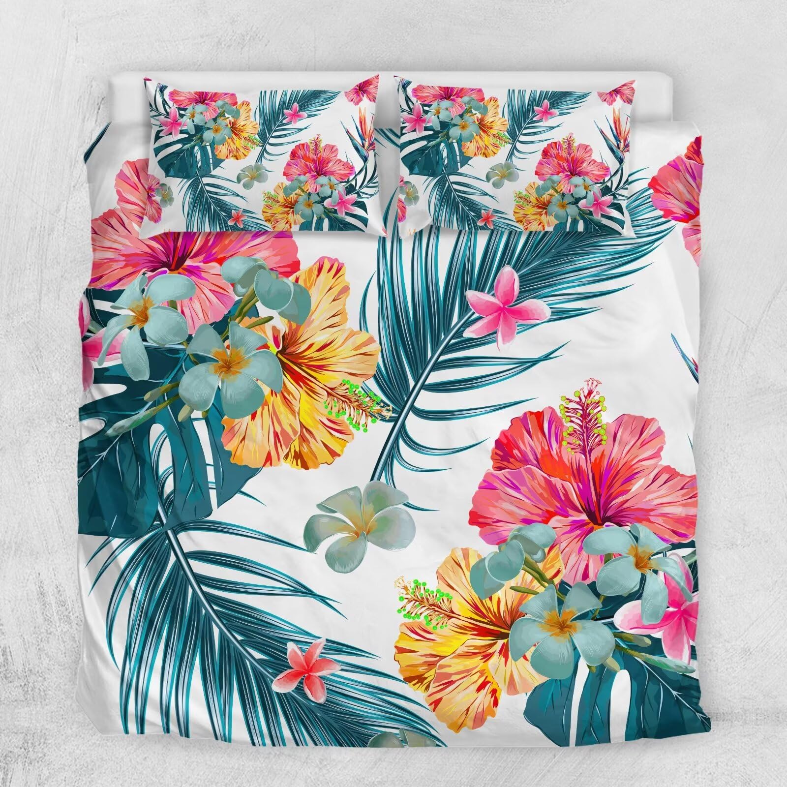 Gearider Hibiscus Flower Pattern Duvet Cover Set, Palm Leaves Soft Tropical Bedding Set with Zipper Closure, Black Lining, Size King