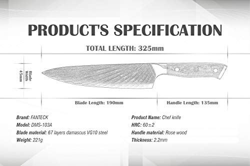 FANTECK Chef Knife 8 Inch Professional Damascus Chef Knife High Carbon 67 Layers VG-10 Damascus Knife Stainless Steel Ultra Sharp Blade Kitchen Meat Cutting Knife [Gift Box]-Ergonomic Rose Wood Handle