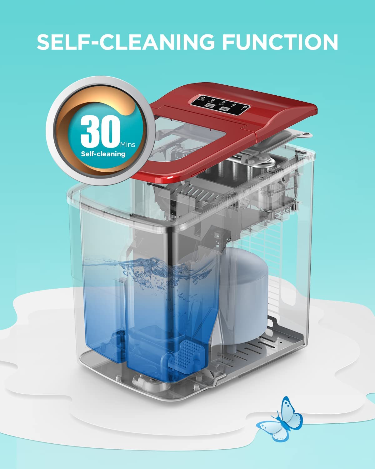 Ice Makers Countertop - Silonn Portable Ice Maker Machine for Countertop, Make 26 lbs Ice in 24 hrs, 2 Sizes of Bullet-Shaped Ice with Ice Scoop and Basket, Red