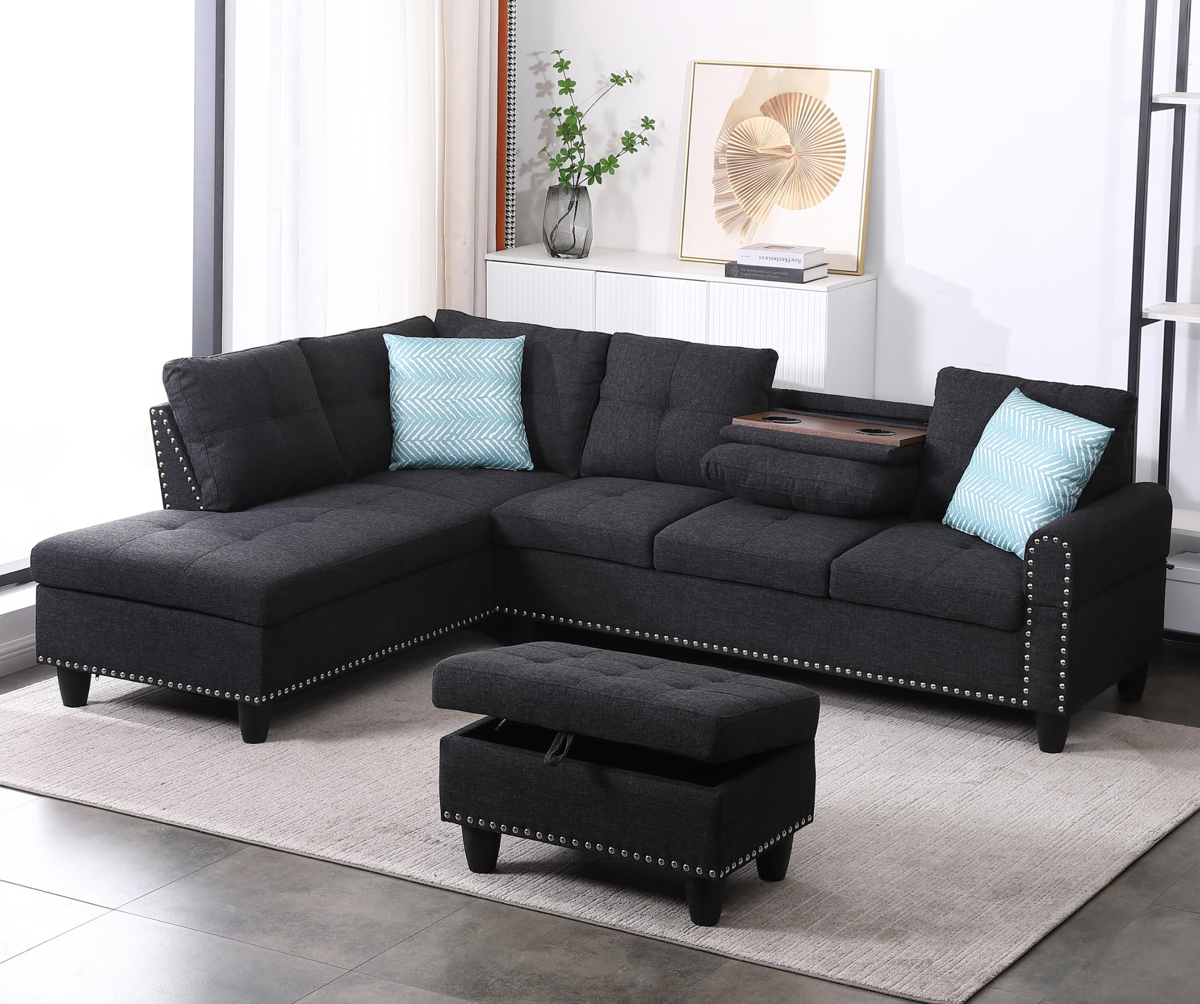 Yehha Upholstered Sofa, L-Shape Sectional Sofá with Removable Ottoman & Left Chaise, Cupholder Console & 2 Pillows, Modern Linen Couches for Apartment, Living Room, Charcoal Grey, Full