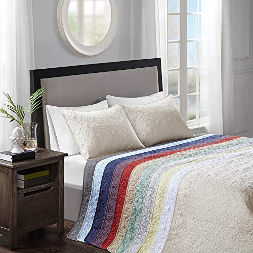Madison Park Quebec Reversible Quilt Set Damask Design, Double Sided Stitching All Season, Lightweight Bedspread Bedding Set, Matching Sham, Navy, King(120"x118") 3 Piece