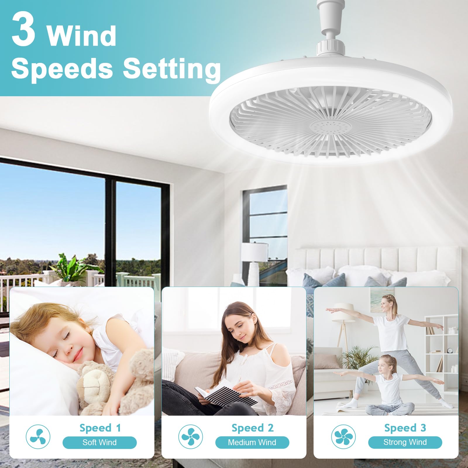Ceiling Fan with Lights and Remote - Small Ceiling Fan Light 10 inch Bladeless Screw in Socket Fan Dimmable 3 Colors LED Lights E27 Base Mini Fandelier Ceiling Fan for Bedroom Kitchen Indoor White