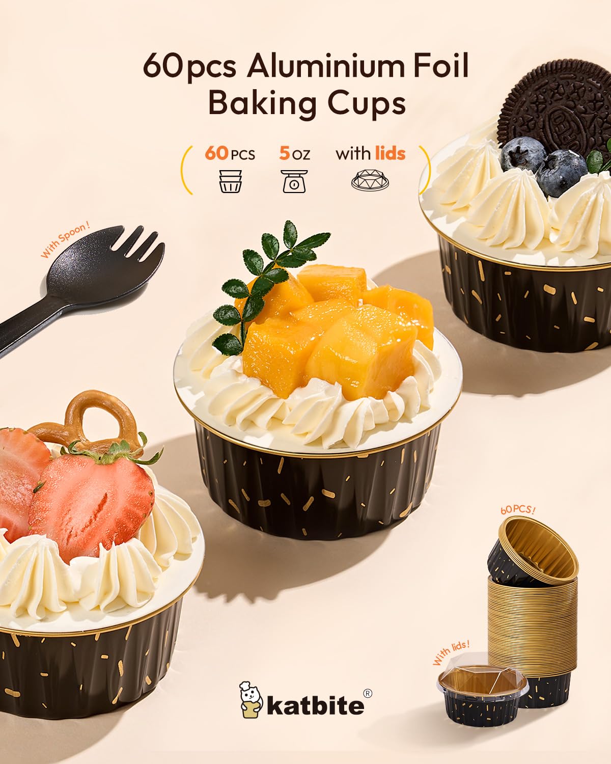 Disposable Ramekins with Lids - Katbite 60 Pack 5oz Aluminum Foil Cupcake Baking Cups, Muffin Tins for Creme Brulee, Desserts, Baking - Black