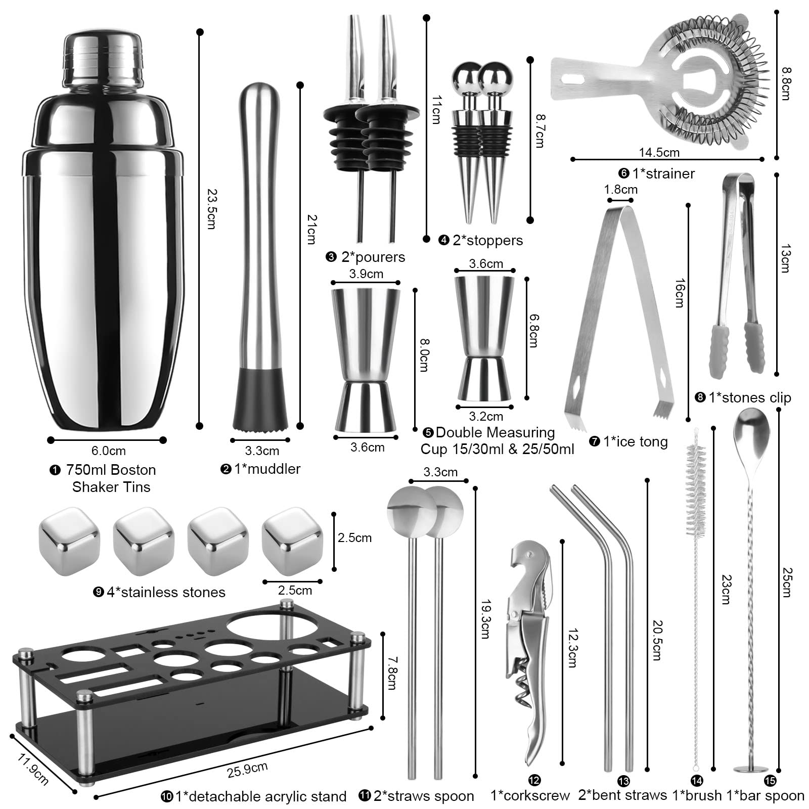 Farafox Cocktail Shaker Set Bartender Kit,23 PCS Bar Tool Set with Acrylic Stand, Professional Bar Tools for Drink Mixing, Home, Bar, Party (Include 4 Whiskey Stones)