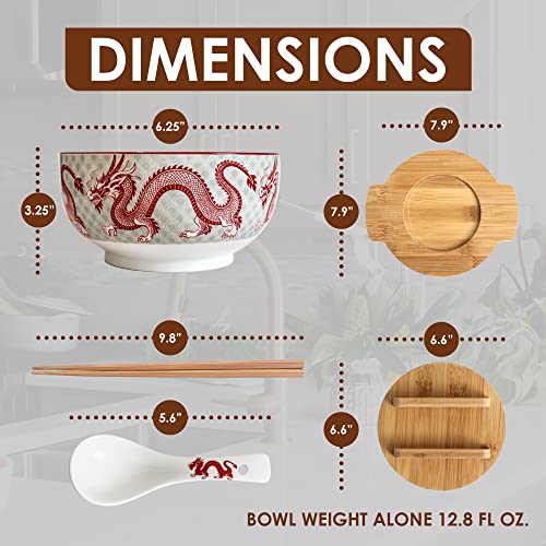 XWORLD Japanese Ceramic Ramen Noodle Bowls Set with Ceramic Spoon, Bamboo Chopsticks, Lid & Trivet, Serving Capacity of 33.8 OZ, Microwavable Oven Safety (3.3β x 6.6β D) (Red Dragon)