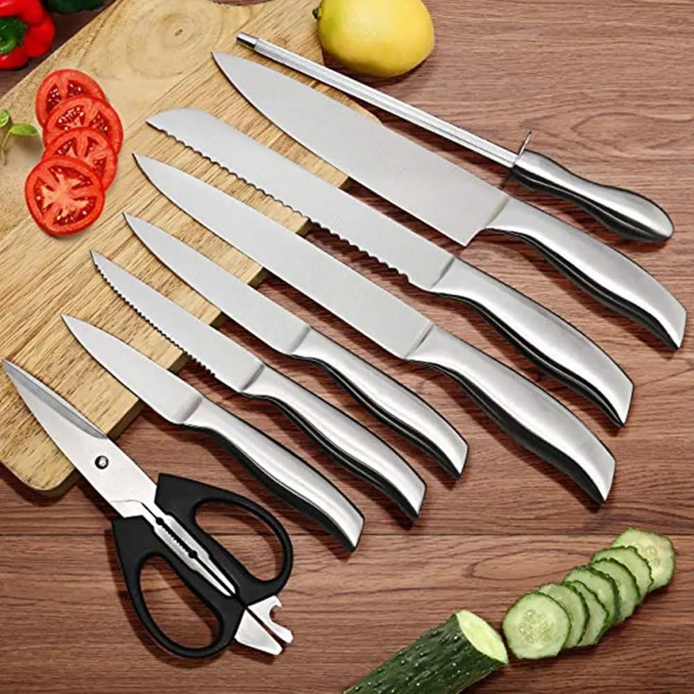 Generic 13Pc Kitchen Knife Set With Wooden Block Razor-sarp Stainless Steel Professional Chef Knife Set with Scissors & Knife Sharpener, Large, Oxford Brown