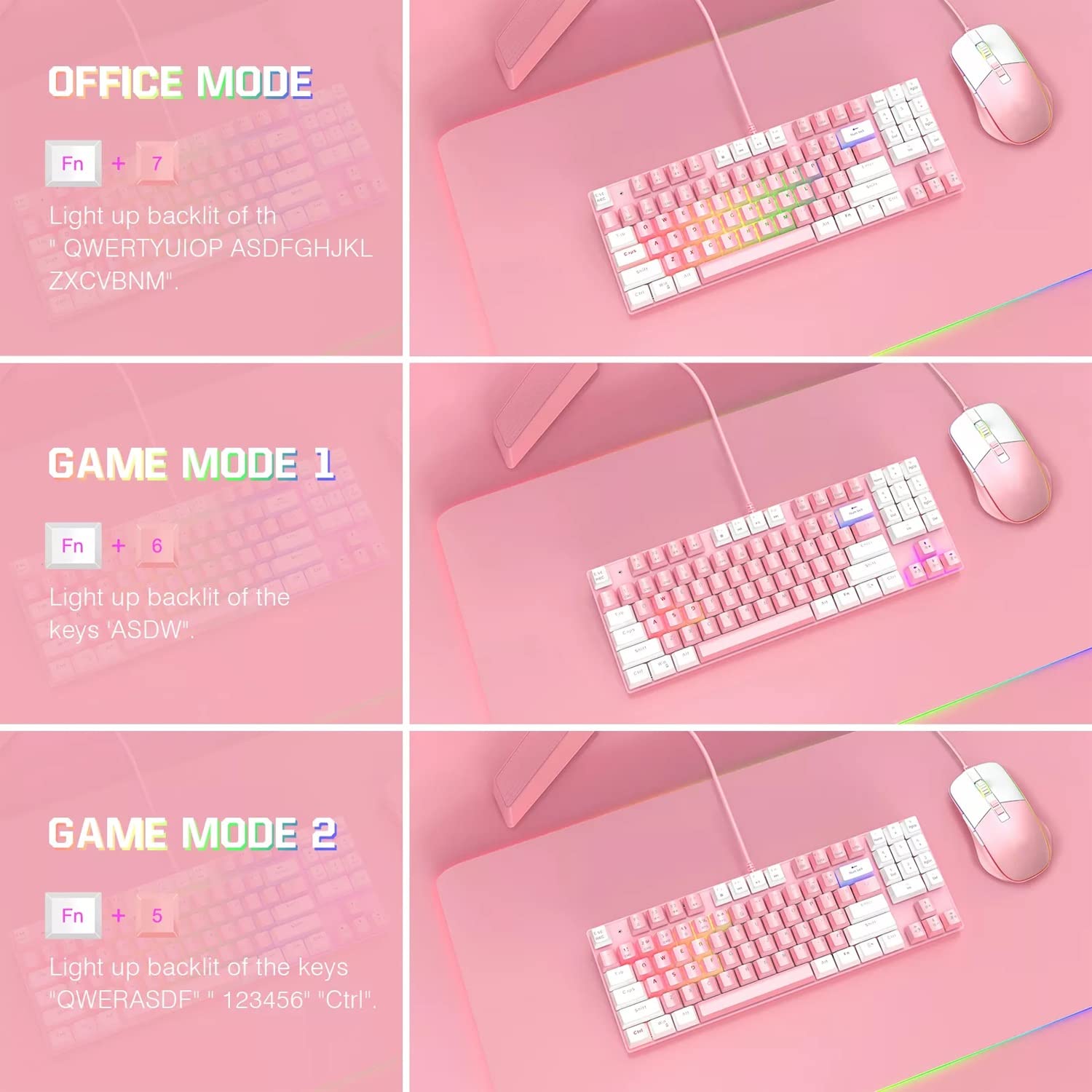 EXHNLE RGB Gaming Keyboard and Mouse Combo,87 Keys Gaming Keyboard Wired RGB Backlit Gaming Keyboard USB Backlit Keyboard, for Laptop PC Computer Game and Work (Color : White)