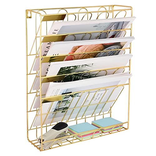 CHONSE Magazine Holder Desk Organizer Hanging Wall File Organizer, 5 Slot Wire Metal Wall Mounted Document Holder for Office Home, Gold