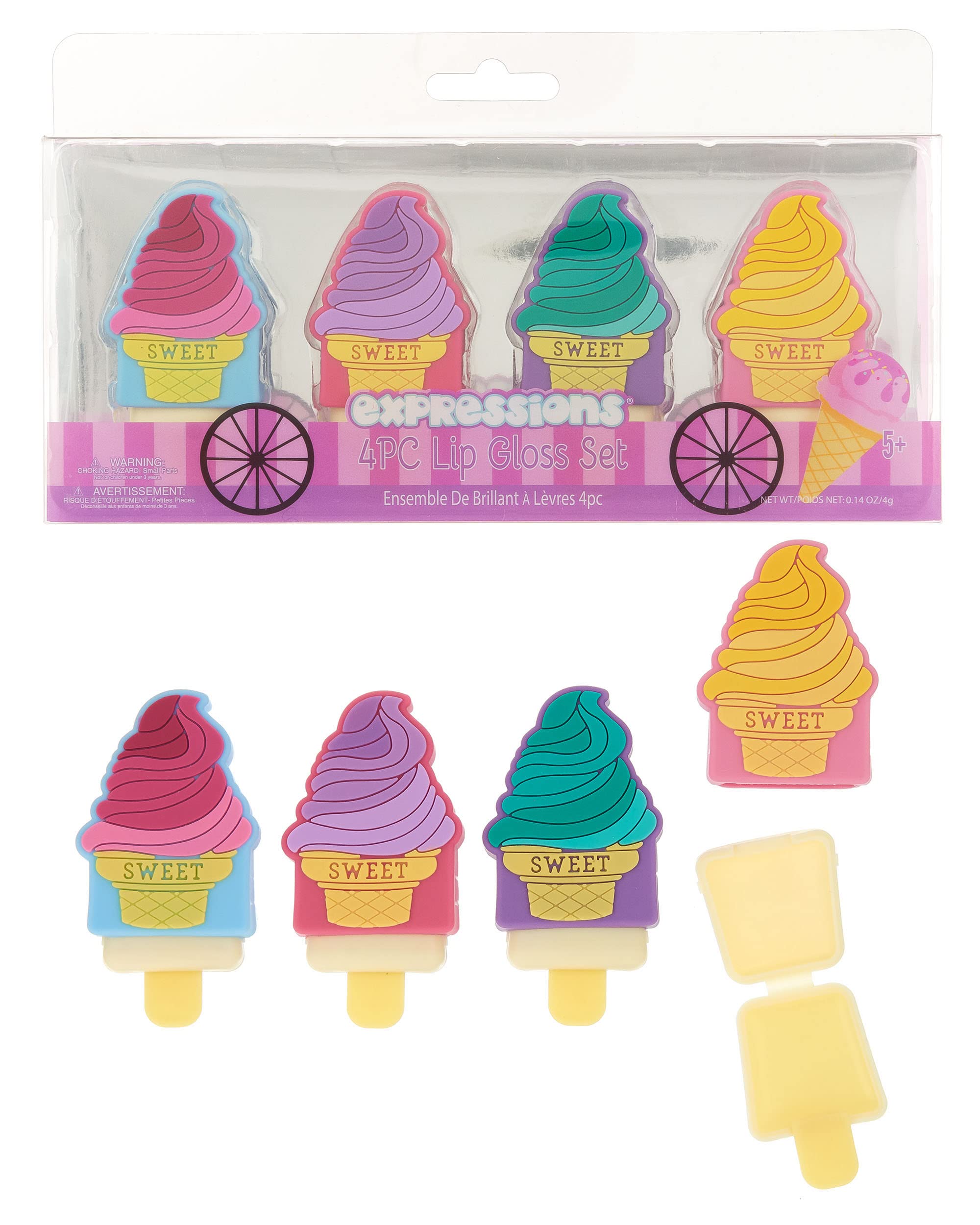 Expressions Girls Cosmetics Sweet Ice Cream Cone Popsicle Lip Gloss Collection - 4PC Set Novelty Butterfly Lip Balms, Multicolor, GG13425