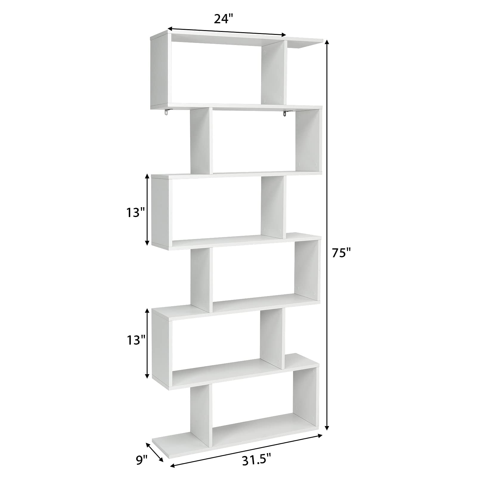 IFANNY 6 Tier S Shaped Bookshelf, Wooden Open Bookcase w/Anti-Tipping Device, Display Shelf Storage Organizer for Home, Office, Living Room, 31.5 x 9 x 75 inch