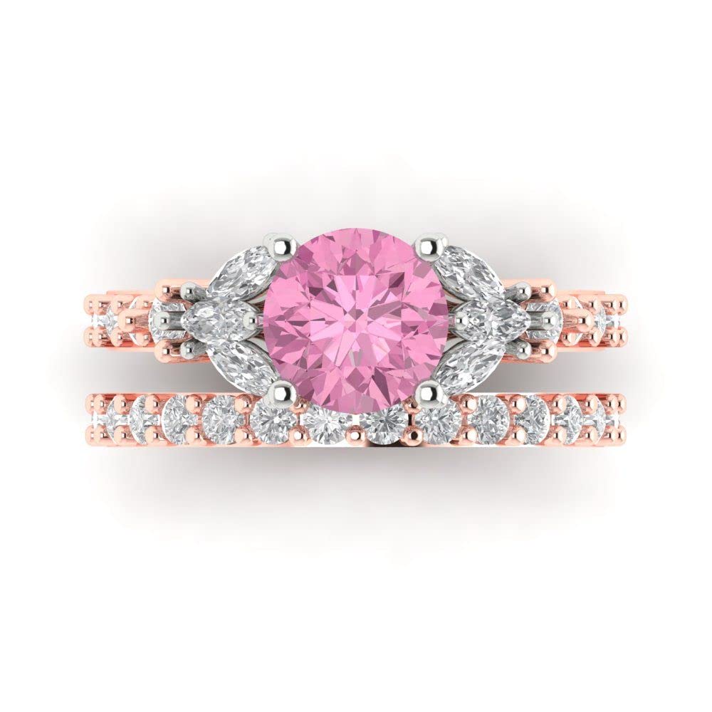 Clara Pucci 2.66 carat Round Shape 3 stone Pink Zircon Engagement Wedding Anniversary Bridal ring band set 14k Rose White Gold 4.25
