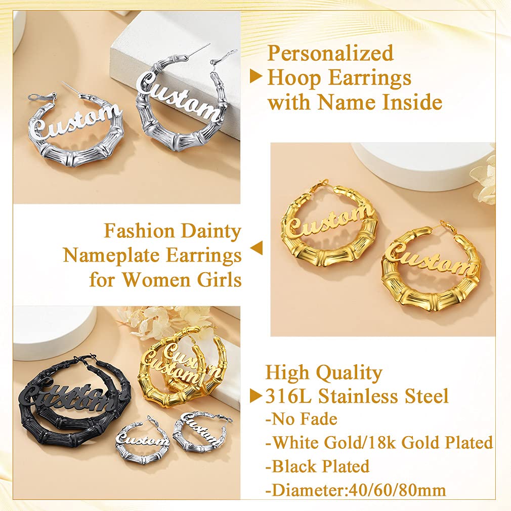 Custom4U Personalized Gold Hoop Earrings with Name Custom Bamboo Elegant Earrings Memory Jewelry Gifts for Women