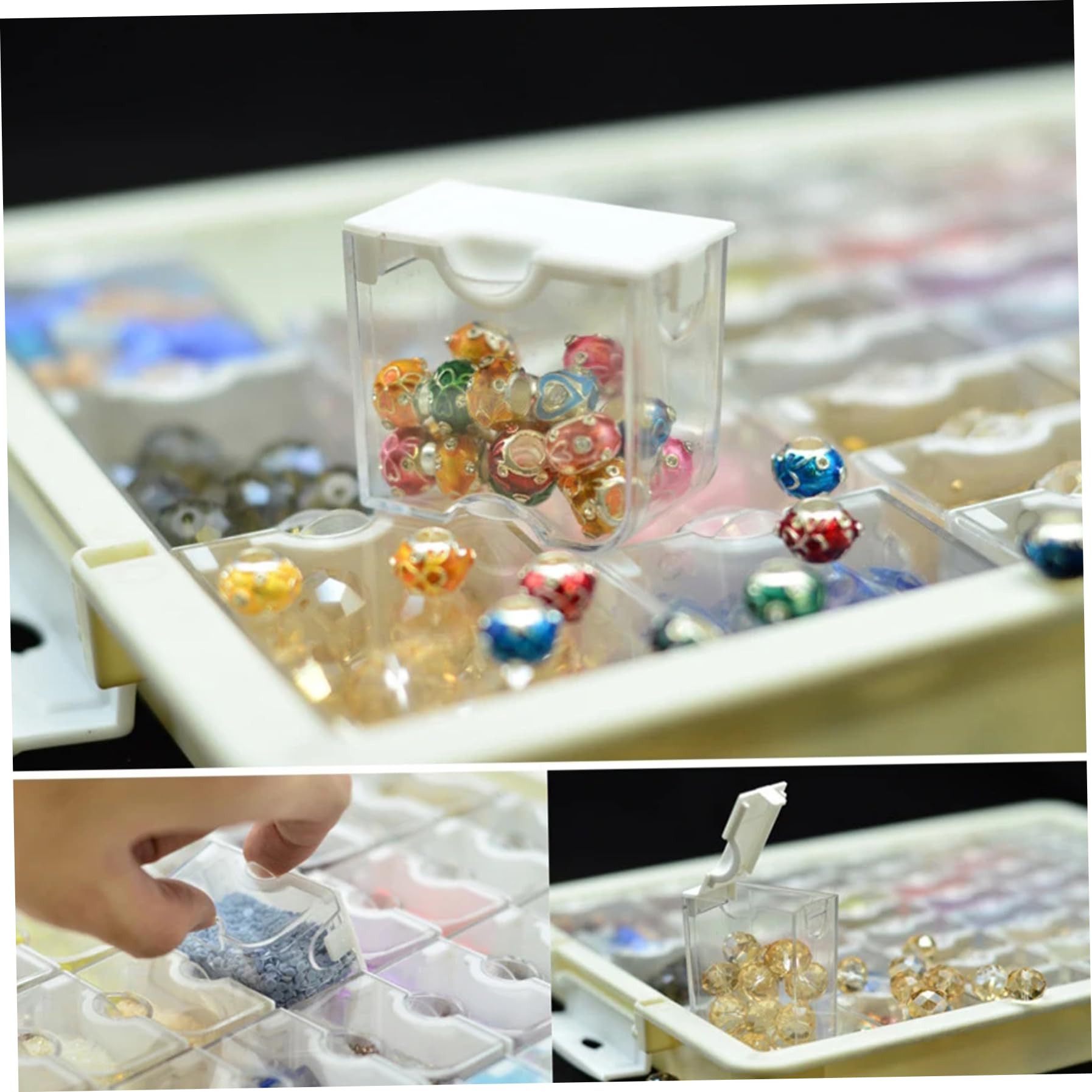 KDAMGOQE Bead Storage Containers 1 Set Bead Storage Solutions Includes 50 Clear Removable Bead Storage Containers with Snap Shut Lid, Plastic Bead Organizer Box for Nail Art Rhinestone Jewelry