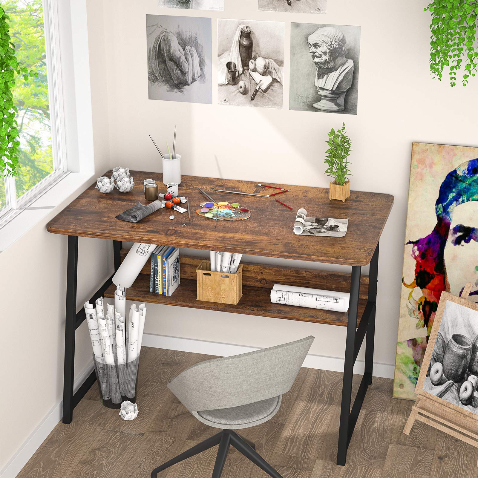 Desk Computer Desk 39 Inch Desk Home Office Desk Modern Simple Study Writing Desk with Bookshelf Sturdy Easy to Asseble Desk Industrial Small Desks for Small Space PC Laptop Gaming Desk Table