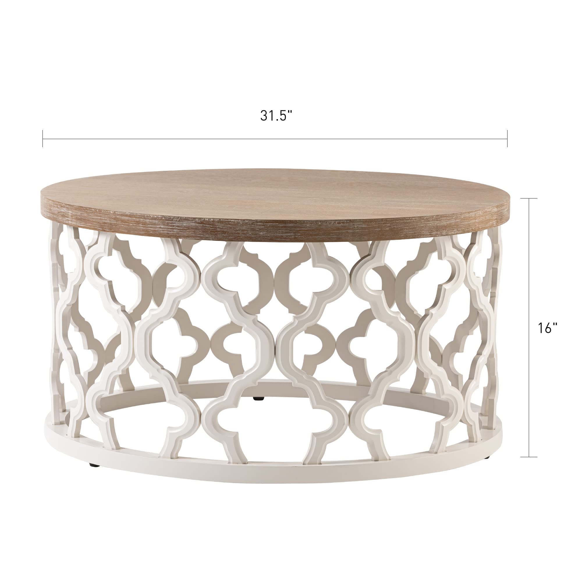 Clredg Round Farmhouse Coffee Table, Wood Grain Top Table with Curved Motif Frame Base for Rustic, Boho, Rustic, French Country Decor, Traditional White