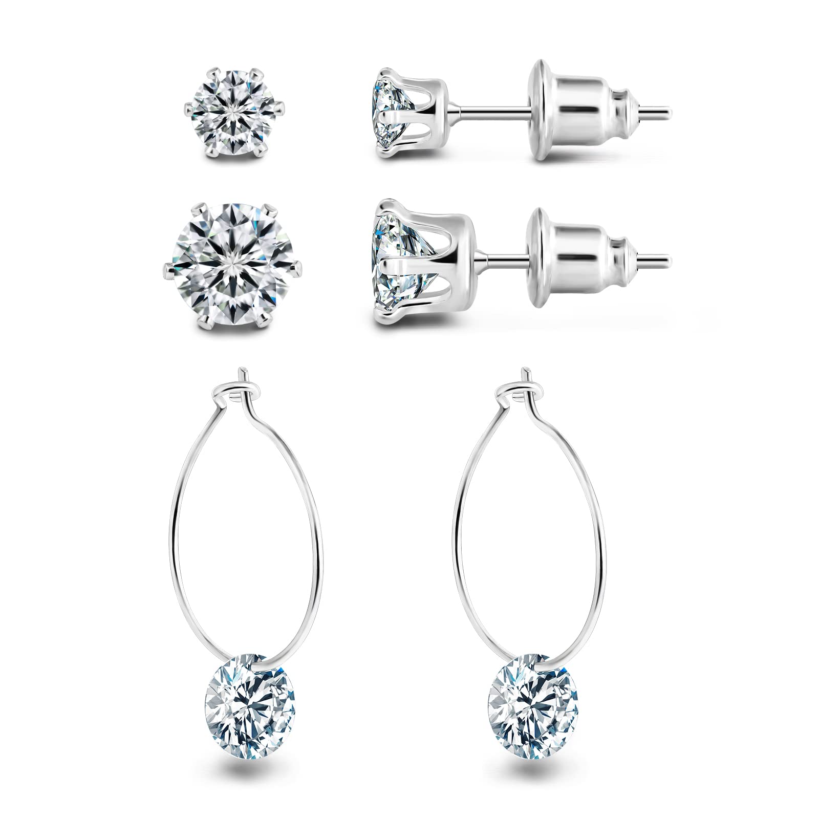CZ Stud Hoop Earring Set: Delicate Drop Dangle Charm Hoop & Silver Cute Solitaire Round Cubic Zirconia Cartilage Stud - Simple Trendy Hypoallergenic Ear Jewelry Gift for Women (Silver)