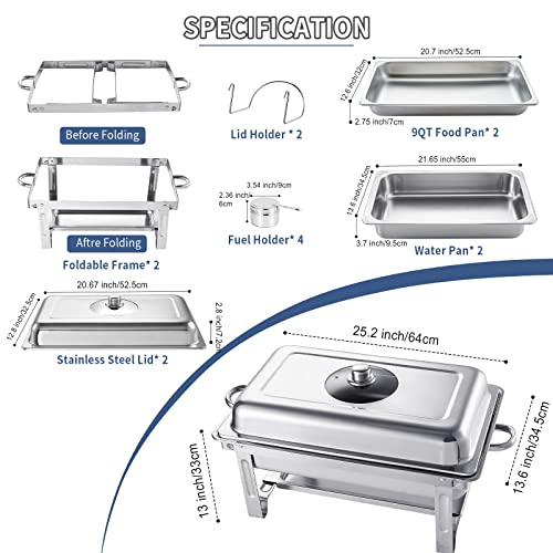 THXSUN 2-Pack 9QT Chafing Dish Buffet Set, Stainless Steel Full Size Chafers and Buffet Warmers Sets, Foldable Chafing Dishes with Pan, Lid, Frame, Fuel Holder for Catering Party Banquet (Upgrade)