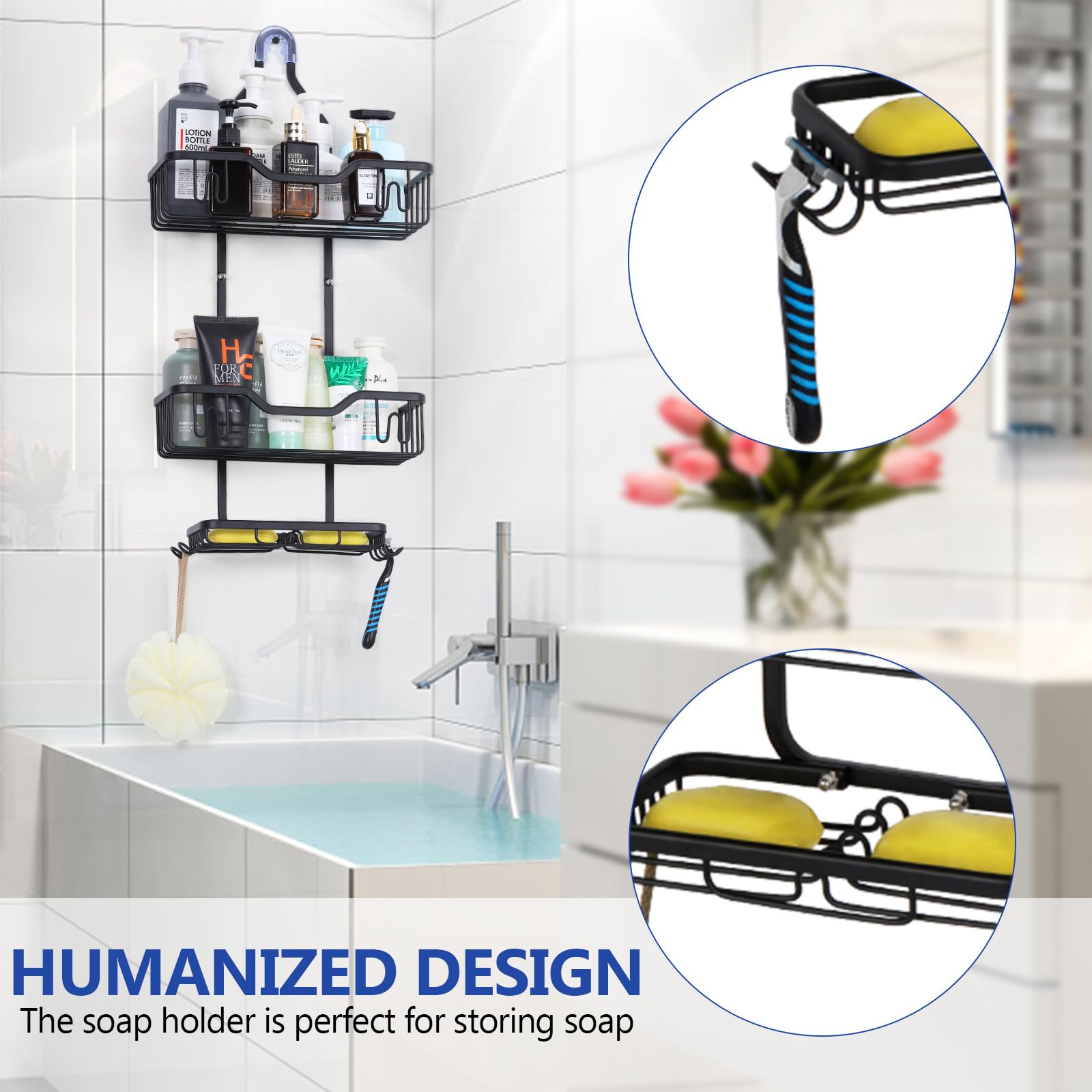 HEOMU Bathroom Hanging Shower Caddy, Shower Organizer Shelves with 4 Hooks, Rustproof & Waterproof Shower Storage Rack for Shampoo, Conditioner, Soap, Bath Sponge, Silver