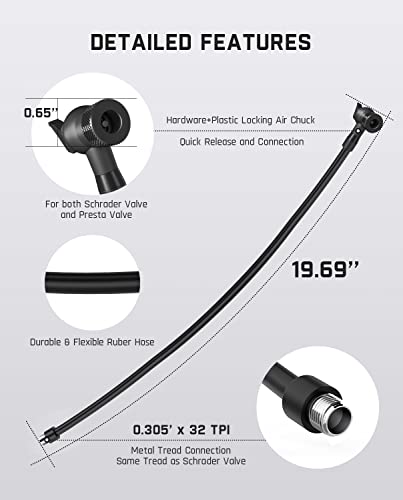 Fanttik Air Pump Hose Adapter, Extension Hose for Schrader and Presta Valve, 19.96'' Locking Tire Chuck Tube, VG8/8V1 Screw Thread Connection, Tire Inflator Universal, Suit for Car, Motorcycle, Bike