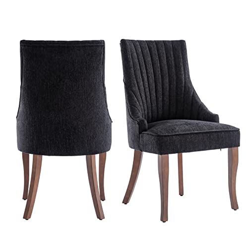 mikibama Linen Dining Chairs Set of 2 Channel Tufted Kitchen Dinner Chair Comfy Fabric Upholstered Accent Chair for Dining Room with Solid Wood Legs (Black)