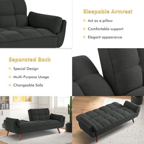 Wonder Comfort Linen Futon Sofa Bed Loveseat, Adjustable Backrest Convertible Sleeper Reclining Couch with Tapered Wood Legs, Dark Gray