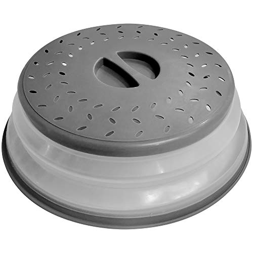 OUZIFISH Microwave Plate Cover 10.5 inch Collapsible Food Plate Lid Cover - BPA Free, Easy Grip, Microwave Plate Guard Lid With Steam Vent & Colander Strainer for Fruit (Grey)