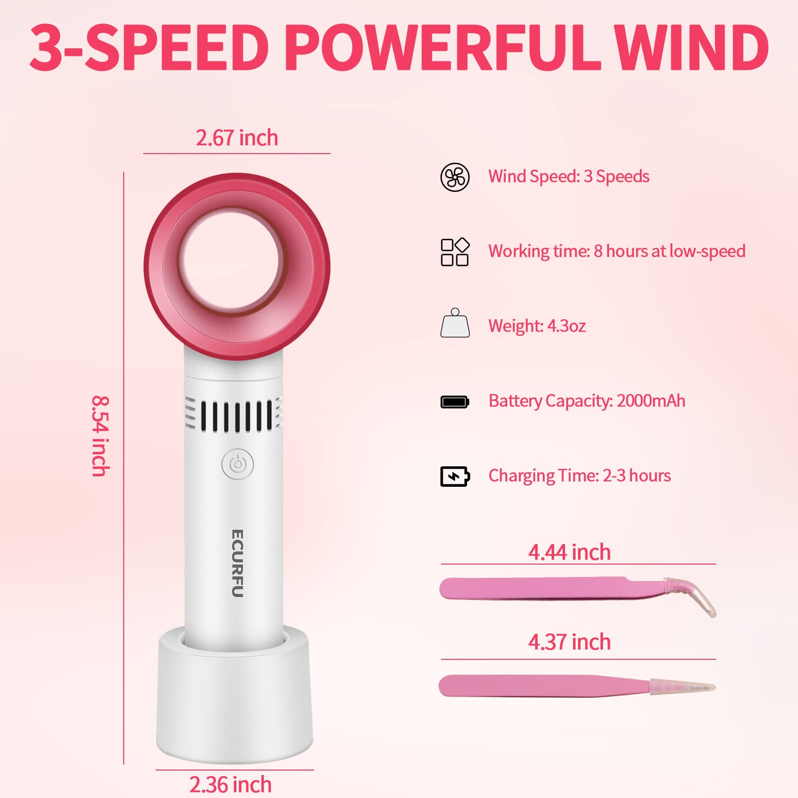 Eyelash Fan Dryer with Lash Tweezers, Portable USB Rechargeable Bladeless Mini Fan Handheld Air Conditioning Blower Cooling Dryer for Essential Eyelash Extension Lash Supplies (White)
