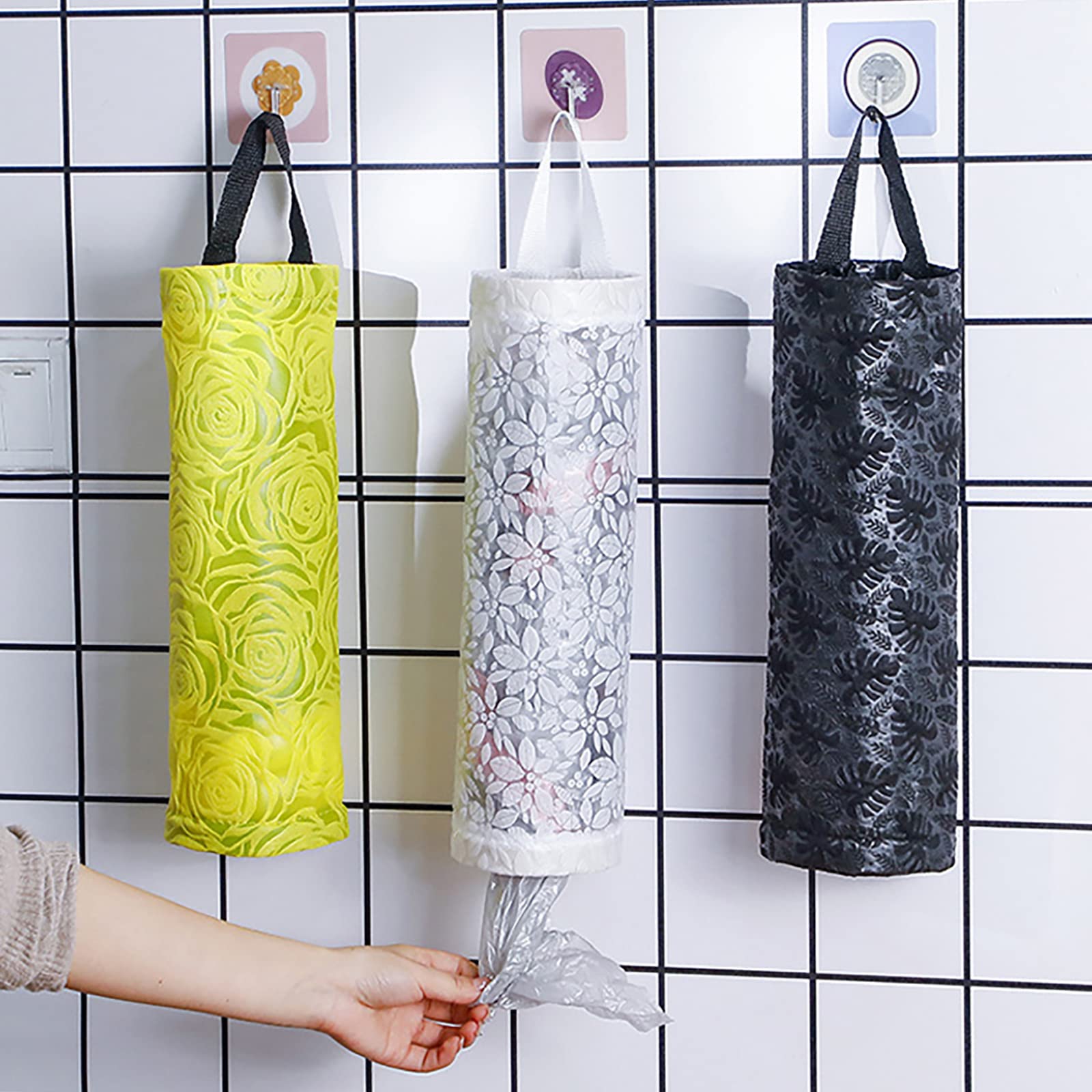 DCQRY 3Pack Plastic Bag Holder, Wall Mount Grocery Bag Holder with 10Hooks, Mesh Hanging Storage Organizer, Shopping Bag Storage Dispenser Trash Bag Holder for Home Kitchen