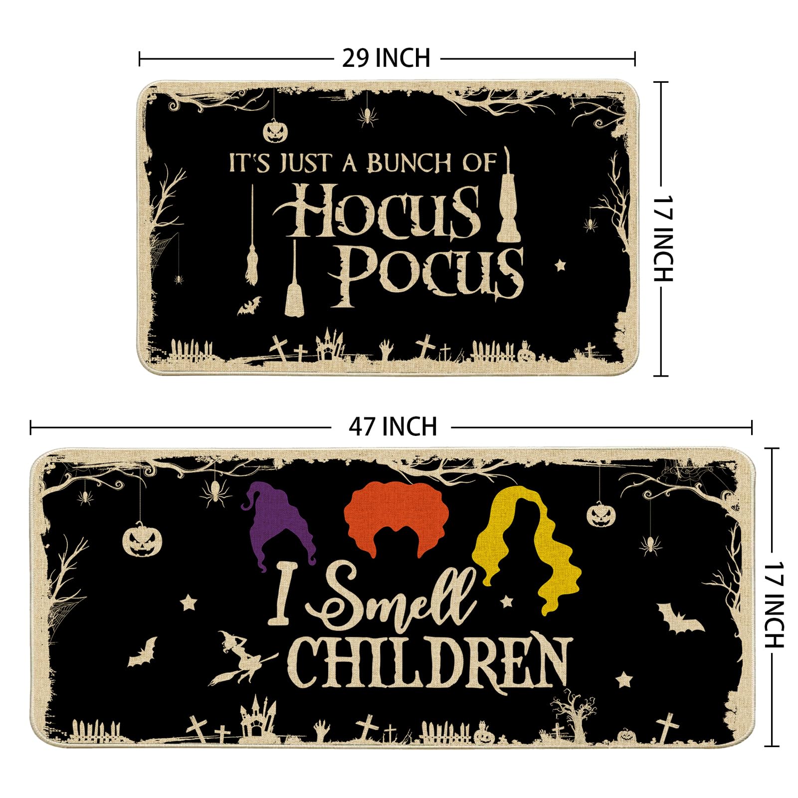 Cusugbaso Halloween Kitchen Mats, Kitchen Rugs Set of 2 - Witches Halloween Kitchen Decor for Floor - Halloween Decorations for Home 17"x27+17"x47"
