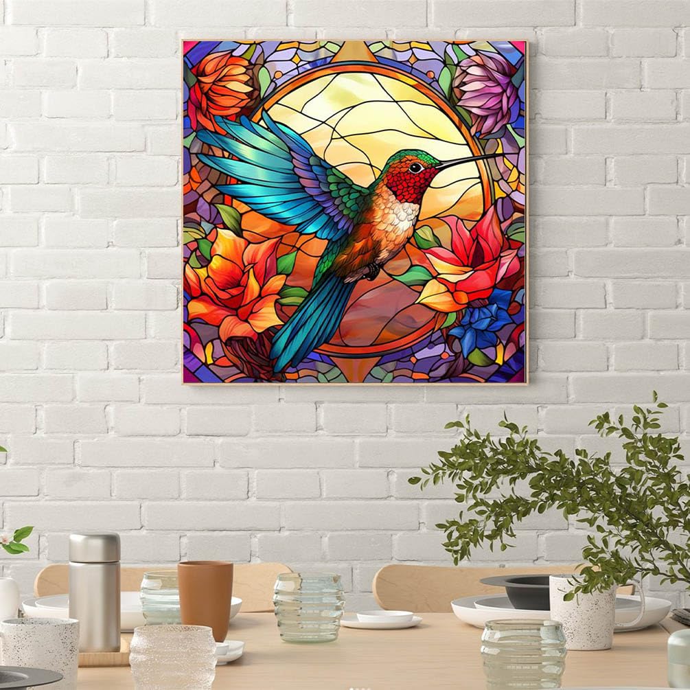 Hummingbird Diamond Painting Kits for Adults - Stained Glass Diamond Art Kits for Adults Beginner, DIY Full Drill Diamond Dots Paintings with Diamonds 5D Gem Art and Crafts Home Wall Decor 14x14inch