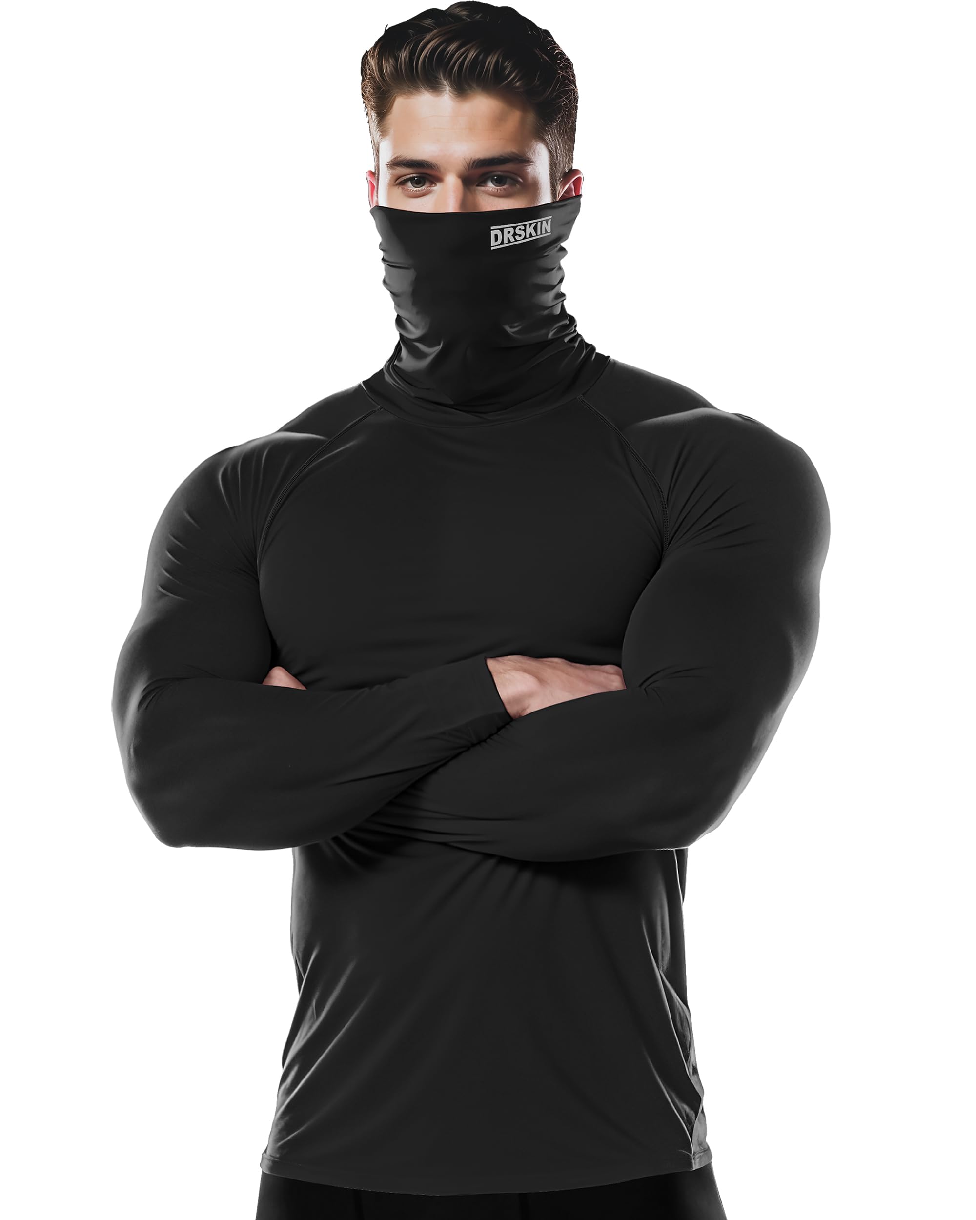 DRSKIN 2 Pack Men's MASK Turtleneck Compression Shirts Top Long Sleeve Thermal Sports Baselayer Running Athletic Workout (Turtleneck SB01 2P, XL)